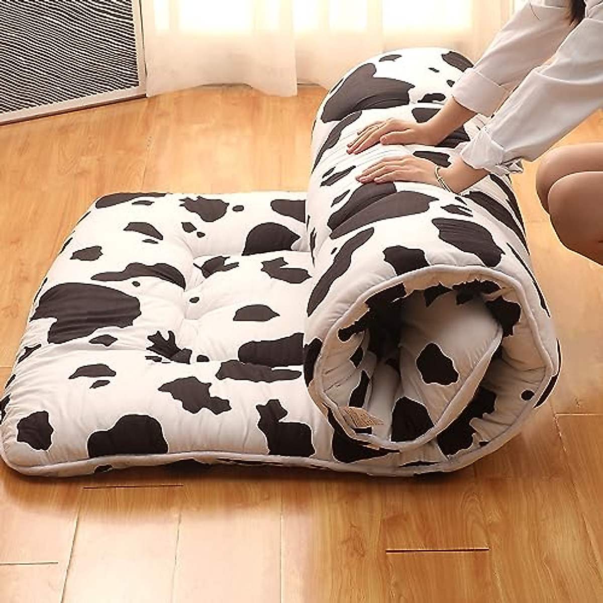 Leinuosen Japanese Floor Mattress Cow Print Futon Mattress Twin Thicken Tatami Mat Couch Sleeping Pad Foldable Roll up Bed Mattress with Portable Storage Bag for Camping Boys Girls Dormitory