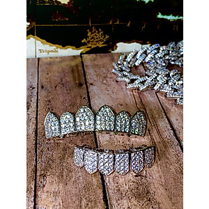 18K White Gold Plated CZ Cluster Custom Slugs Top Bottom Grillz Mouth Teeth Grills Set - Grillz, Teeth Cap, Iced Out Grillz (Silver Top & Bottom Set)