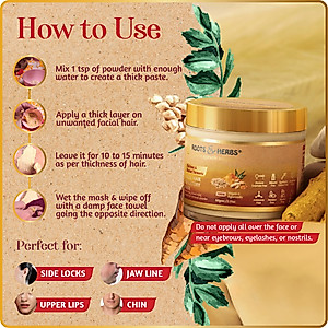 Chickpea & Kasturi Turmeric Facial Hair Removal Powder - For Men & Women, Chin, Jawline & Upper Lips - Depilatory Mask with Ayurvedic Herbs - Roots & Herbs, 2.11oz