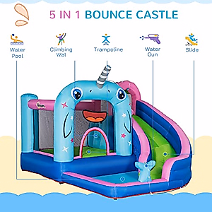 Outsunny 5-in-1 Inflatable Water Slide, Narwhal Theme Bounce House with Climbing Wall, Water Cannon, Water Pool, Trampoline, Repair Patch and 450W Air Blower
