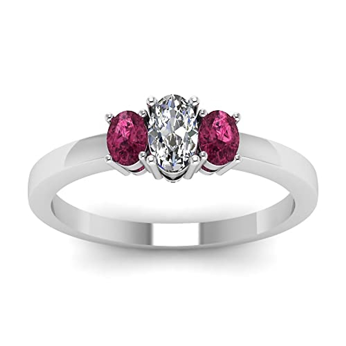 JewelryGift Oval 3 Stone Basket Ring Sterling Silver Created Pink Sapphire Oval Shape Pink Color 3 Stone Engagement Rings Prong Setting in Size 9 Party Wear Daily Wear Ornament
