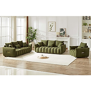 Antetek Teddy Sofa Set for Living Room, Modern Deep Seat Sofa Chair and Oversized 3-Seater Cloud Boucle Couch for Bedroom, Office, Apartment, Furniture Set, Green (2 Piece)