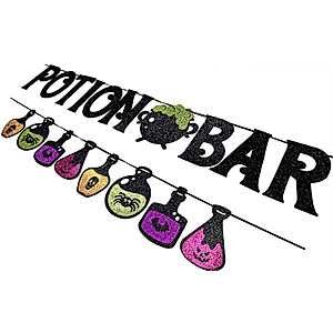Potion Bar Banner Halloween Poison Bat Horrible Witches Haunted House Theme for Men Women Halloween Festival Holiday Party Purple Glitter Decorations (Potion Bar)