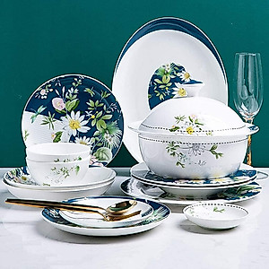 AB-Grade Porcelain Plate and Bowl Set,Ceramics Dinner Sets 46 Pieces Ceramics Dinner Sets,Bowl/Dish/Soup Pot/Spoon|Dinnerware Set Simple Floral Pattern Combination Tableware Set-Compatible with Gift