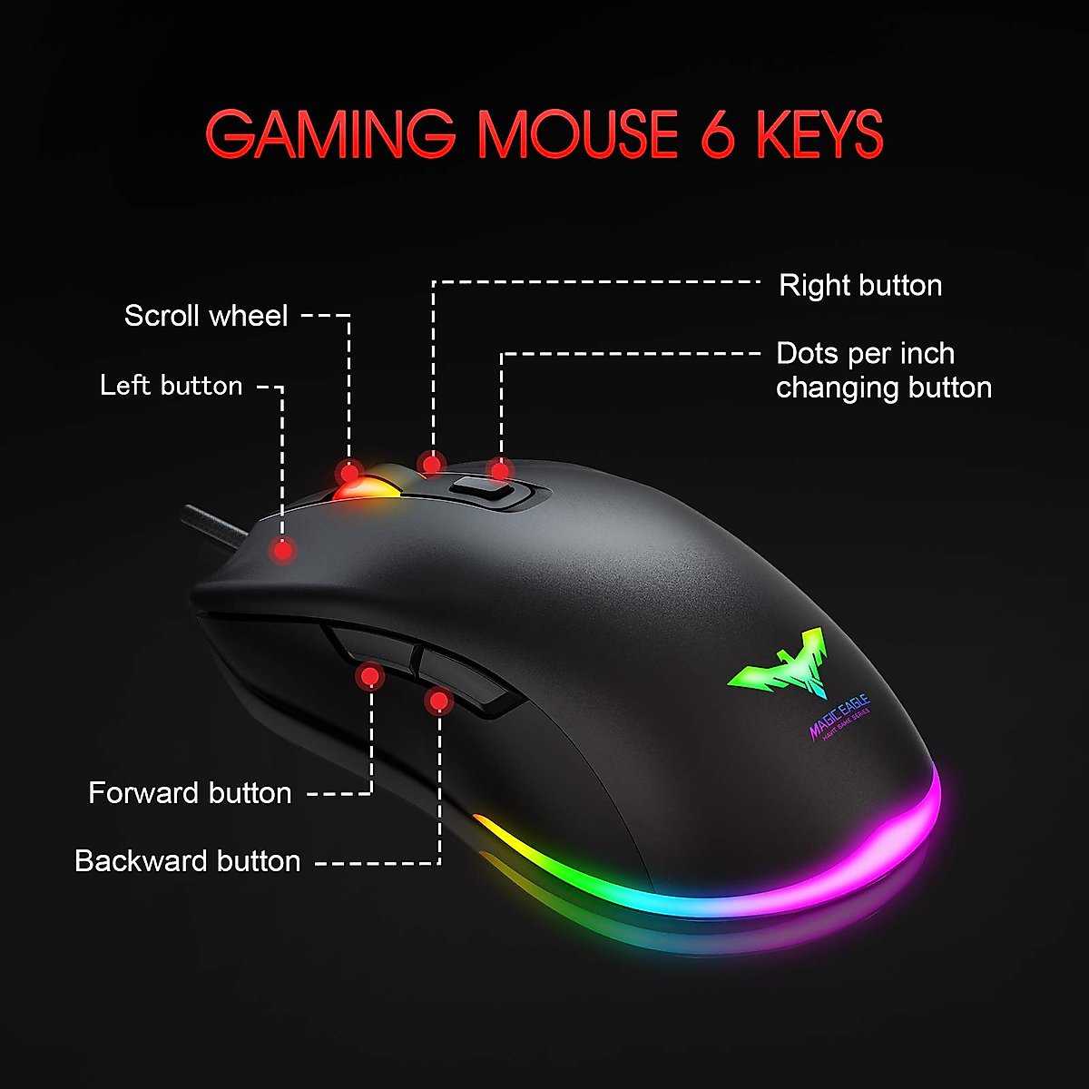 Havit RGB Gaming Mouse Wired PC Gaming Mice with 7 Color Backlight, 6 Buttons, Up to 6400 D P I Computer USB Mouses for Desktop Laptop Gamer & Work (Renewed)