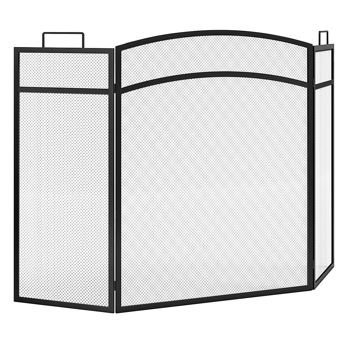 Calidola 3 Panel Fireplace Screen 48" W x 29" H Modern Foldable with Wrought Metal Decorative Mesh,Arch Heavy Duty Fire Spark Guard Cover for Home Decor Indoor, Black