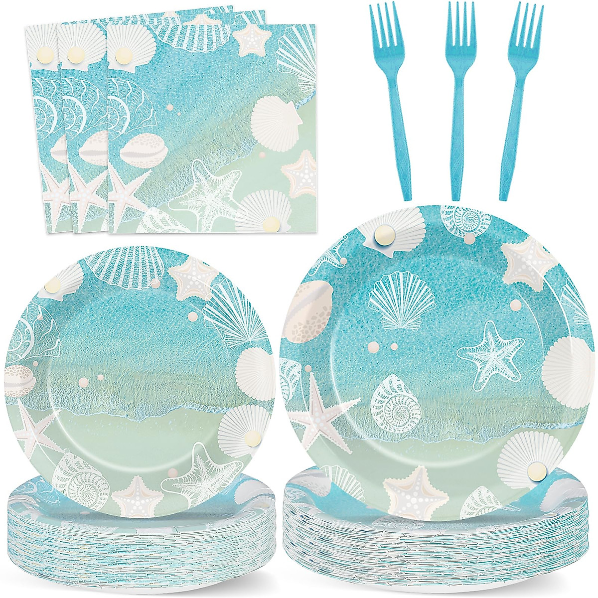 Naozinebi Seashell Beach Party Plates Napkin Fork Nautical Coastal Birthday Party Tableware Set Ocean Starfish Dinnerware Supply for Summer Holiday baby shower Wedding Bridal Decoration favor Serve 24