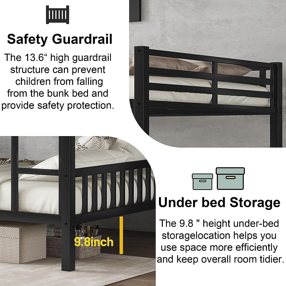 Luckiofvonne Queen Over Queen Bunk Bed for Adults, Heavy-Duty Metal Bunk Bed Frame with Ladder, High Guardrail and Slats Support, No Box Spring Needed, Black