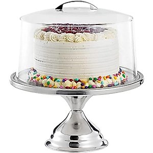 Tablecraft Cake Stand with Dome, Clear Acrylic Shatterproof Lid Cover with Stainless Steel Display Pedestal, Domed to Fit 12 Inches in Diameter Cakes, Pies and Pastry, Commercial Restaurant Use
