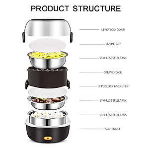 3 Layers Electric Warmer Lunch Box Food Heater Portable Bento Rice Cooker Office Lunch Containers Warming Home Food Grade Material Steamer with Stainless Steel Bowls, Egg Steaming Rack -Brown