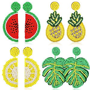 4 Pairs Fruit Beaded Earrings Bohemian Statement Dangle Earrings Watermelon Pineapple Lemon Earrings Set for Women (Summer Style)