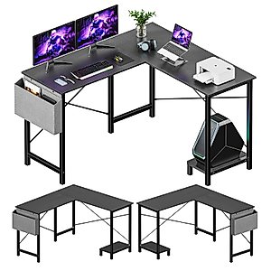 Sweetcrispy L Shaped Desk Gaming Computer 50 Inch Reversible Corner Table PC Work Table for Writing Study Student with Wood Tabletop Metal Frame CPU Stand Side Bag for Home Office Small Place, Black