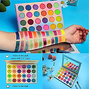Kalolary Glow in the Dark Makeup, Neon Eyeshadow Glow Palette UV Glow Blacklight Matte and Glitter, 24 Colors Highly Pigmented Eyeshadow Kit with 4 Brushes for Valentine's Day Face Body Makeup