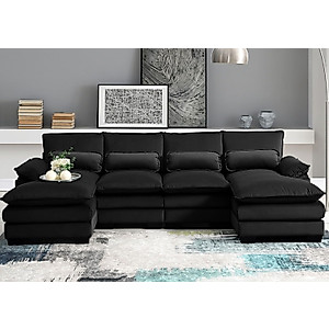 Merax 110" Modular Sectional Couches with Waist Pillows, 6-seat Upholstered Sleeper Sofa Bed Chaise Lounge for Living Room Furniture, Black