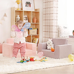 Givjoy Toddler Chair Sherpa Kids Couch, 2-in-1 Toddler Soft Kids Sofa Toddler Lounger Chair for Bedroom, Convertible Toddler Couch for Girls and Boys, Reading Chair for Kids, Grey