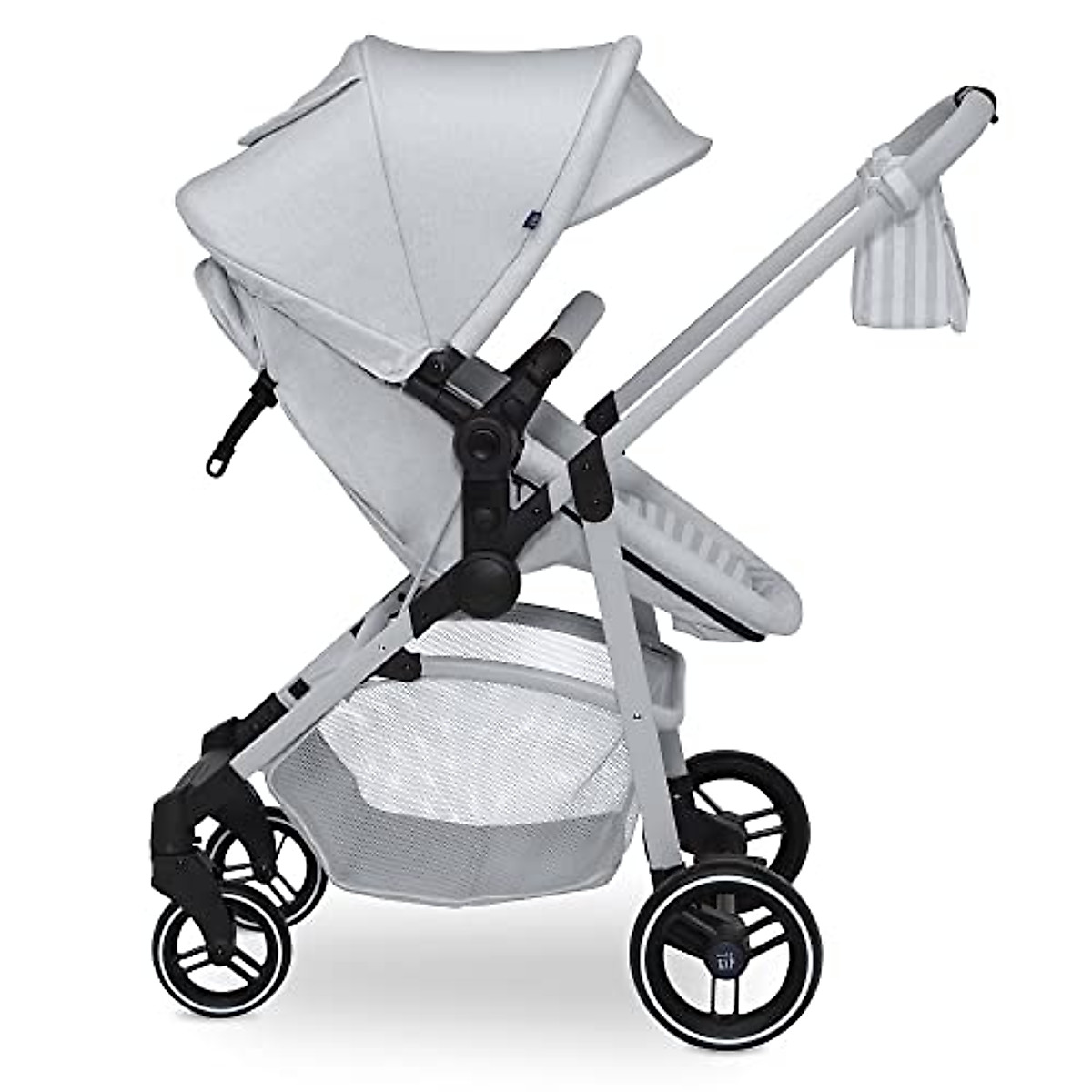 GAP babyGap 2-in-1 Carriage Stroller - Car Seat Compatible - Easy One-Handed Fold - Lightweight Stoller with Oversized Canopy & Reclining Seat - Made with Sustainable Materials, Grey Stripes