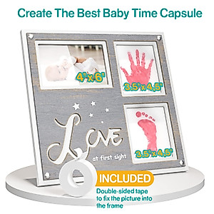 1Dino Premium Baby Handprint and Footprint Kit - 12.6” x 12.2" White/Grey Wood Picture Frame - Includes 2X Clean Touch Ink Pad Pink for Baby Hand and Footprints - Registry for Baby, Baby Shower Gifts