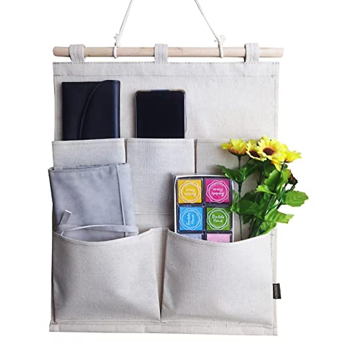 KINGREE Over The Door Magazine Storage Pockets, Wall Door Closet Hanging Storage Bag Organizer, (5 Pockets-Nature)