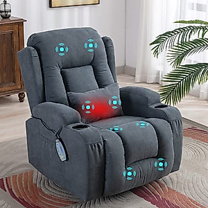 OBBOLLY Swivel Rocker Recliner Chair with Massage, Manual Glider Rocking Recliner Chair, Wingback Design 360° Swivel Chair with Lumbar Pillow, Cup Holders for Living Room (Single, Blue Grey-Linen)