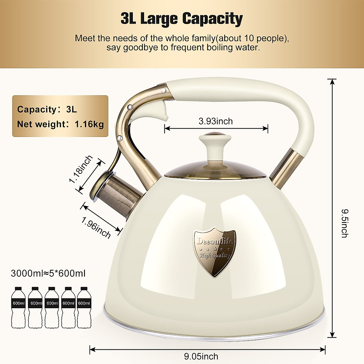 Tea Kettle Stove Top 3.17Quart Modern Whistling Tea Kettle-Surgical 5 Layer Stainless Steel Teakettle Teapot with Cool Touch Ergonomic Handle Teapot - Pot For Stove Top (copper handle)