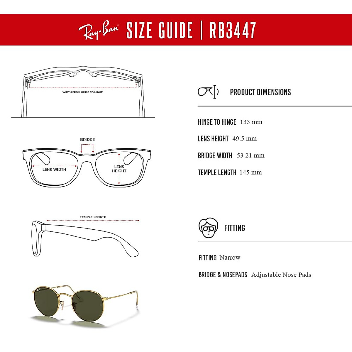 Ray-Ban RB3447 001 47M Gold/Crystal Lens G-15 Green ROUND METAL Sunglasses For Men + BUNDLE with Designer iWear Eyewear Kit (SMALL)