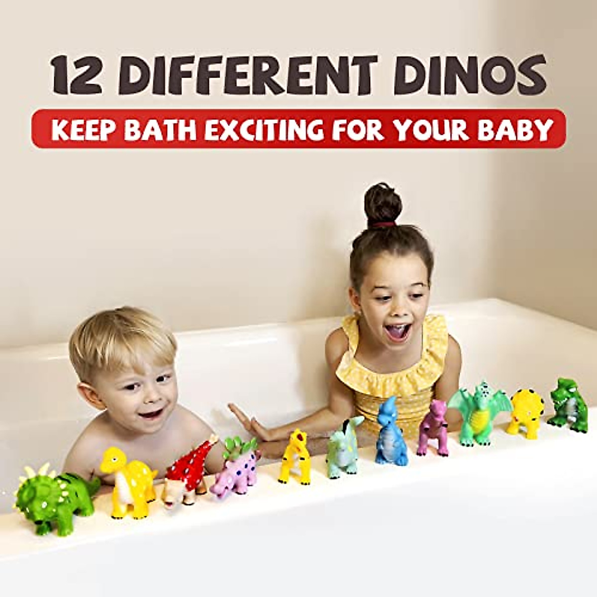 No Hole Baby Dinosaur Bath Toys for Toddler, 12 PCS Mold Free Kids Bathtub Pool Toys
