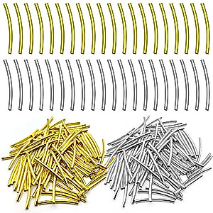 200Pcs Curved Noodle Tube Spacer Beads Tarnish Resistant Noodles Beads Brass Tube Beads Long Curved Tube DIY Jewelry Making(Gold,White K)