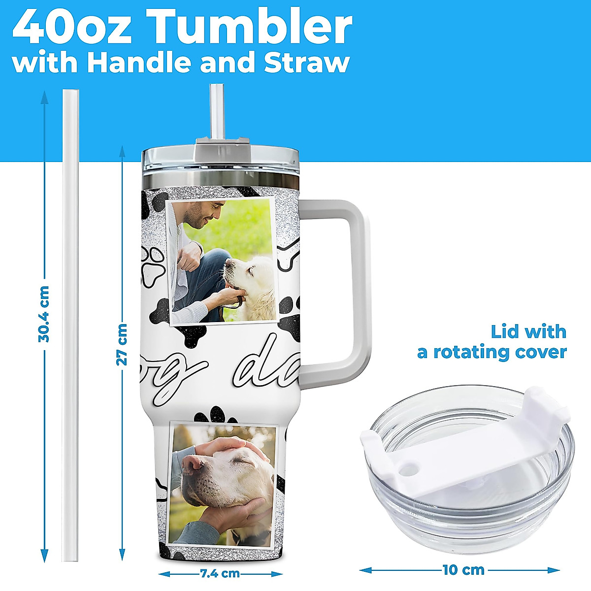 Hyturtle Personalized Pictured Dog Dad 40oz Tumbler with Handle and Straw Gifts for Dog Lovers, Birthday Father's Day Cup Gifts For Men, Best Gift Idea for Dogs Dad Stainless Steel Travel Cup With Lid