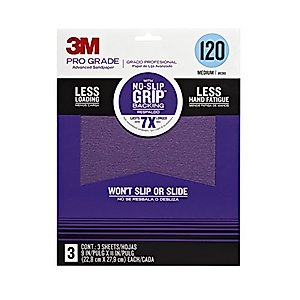 3M Pro Grade No-Slip Grip Sandpaper, 3-Pack, 120-Grit
