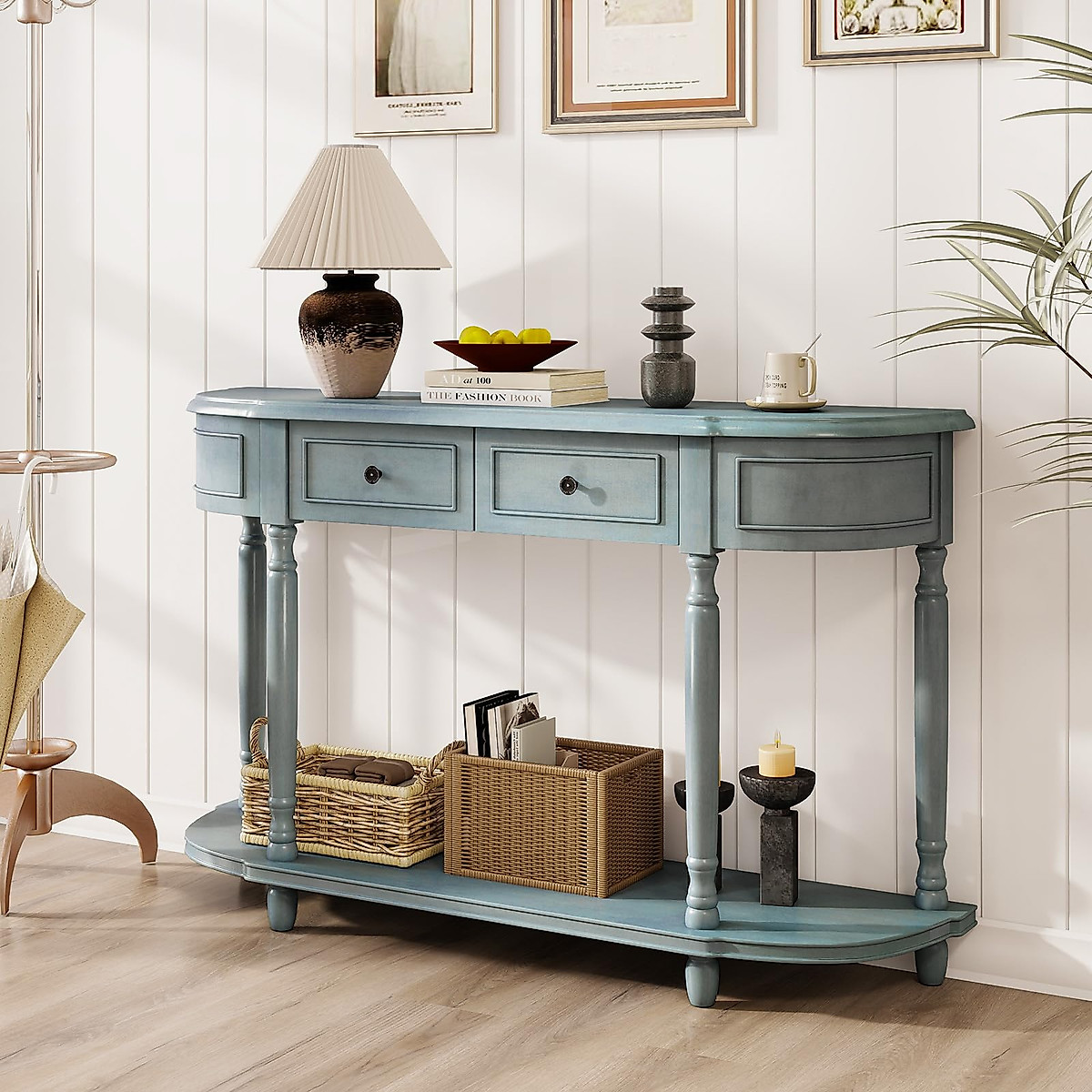 Giantex Console Table with Storage, 52” Long Sofa Table with 2 Drawers, Open Shelf, Solid Wood Legs, Narrow Entryway Table, Vintage Behind Couch Entry Table for Living Room Hallway, Foyer