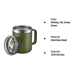 ALOUFEA 12oz Stainless Steel Insulated Coffee Mug with Handle, Double Wall Vacuum Travel Mug, Tumbler Cup with Sliding Lid, Army Green