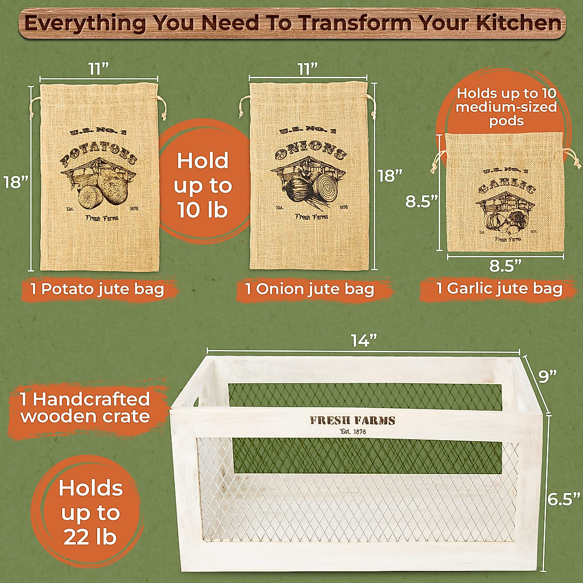 LoadedSpoon Potato and Onion Storage Bin – Garlic Storage, Handcrafted Farmhouse Kitchen Wooden Crate Box, 3 pk Jute Vegetable Storage Bags, Onion and Potato Storage for Pantry or Countertop (White)