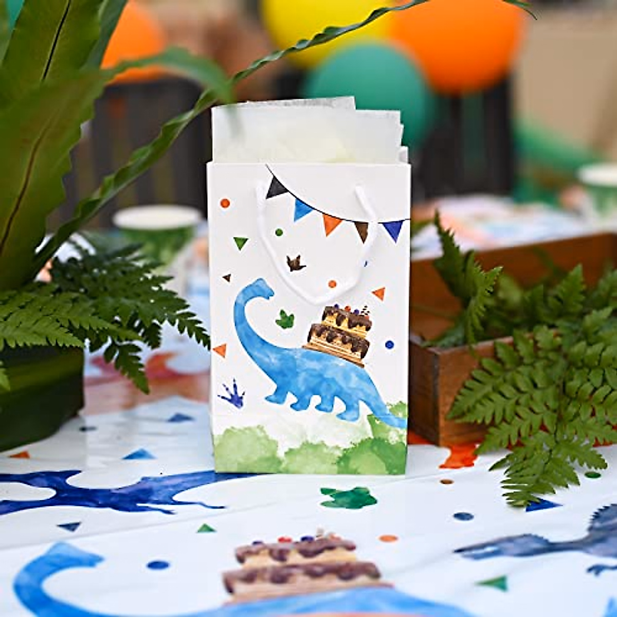 WERNNSAI Watercolor Dinosaur Party Bags - 16 Pack Dinosaur Party Favor Bags for Boys Kids Dino Theme Party Supplies Candy Treat Goodies Gift Bags with Handle