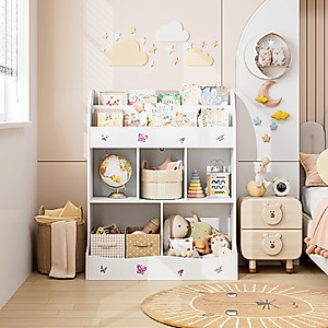 BOTLOG Toy Storage Organizer with Bookcase, Kids Bookshelf, Toy Storage Storage Cabinet with Cubbies and Bookshelf for Children's Room, Playroom, Hallway, Kindergarten, White