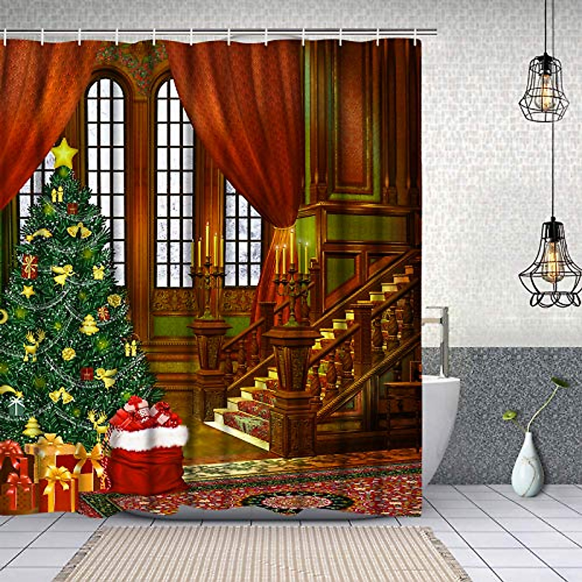4 Pcs Christmas Shower Curtain Sets with Non-Slip Rugs, Toilet Lid Cover and Bath Mat, Red Vintage Xmas Tree and Castle Shower Curtain with 12 Hooks, Waterproof Shower Curtain for Bathroom Set