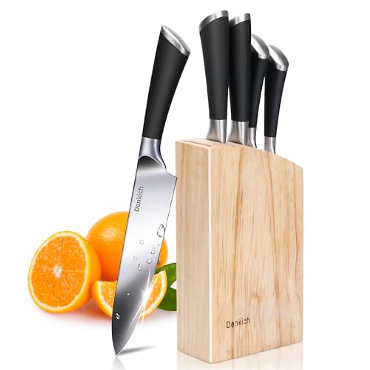 Denkich Small Knife Set, 6 Pieces Professional Chef Knife Set for Kitchen, German 5CR15 Steel Knife Set with Wood Block, Easy-Grip Handle, Rust-Proof, for Chopping, Slicing, Dicing