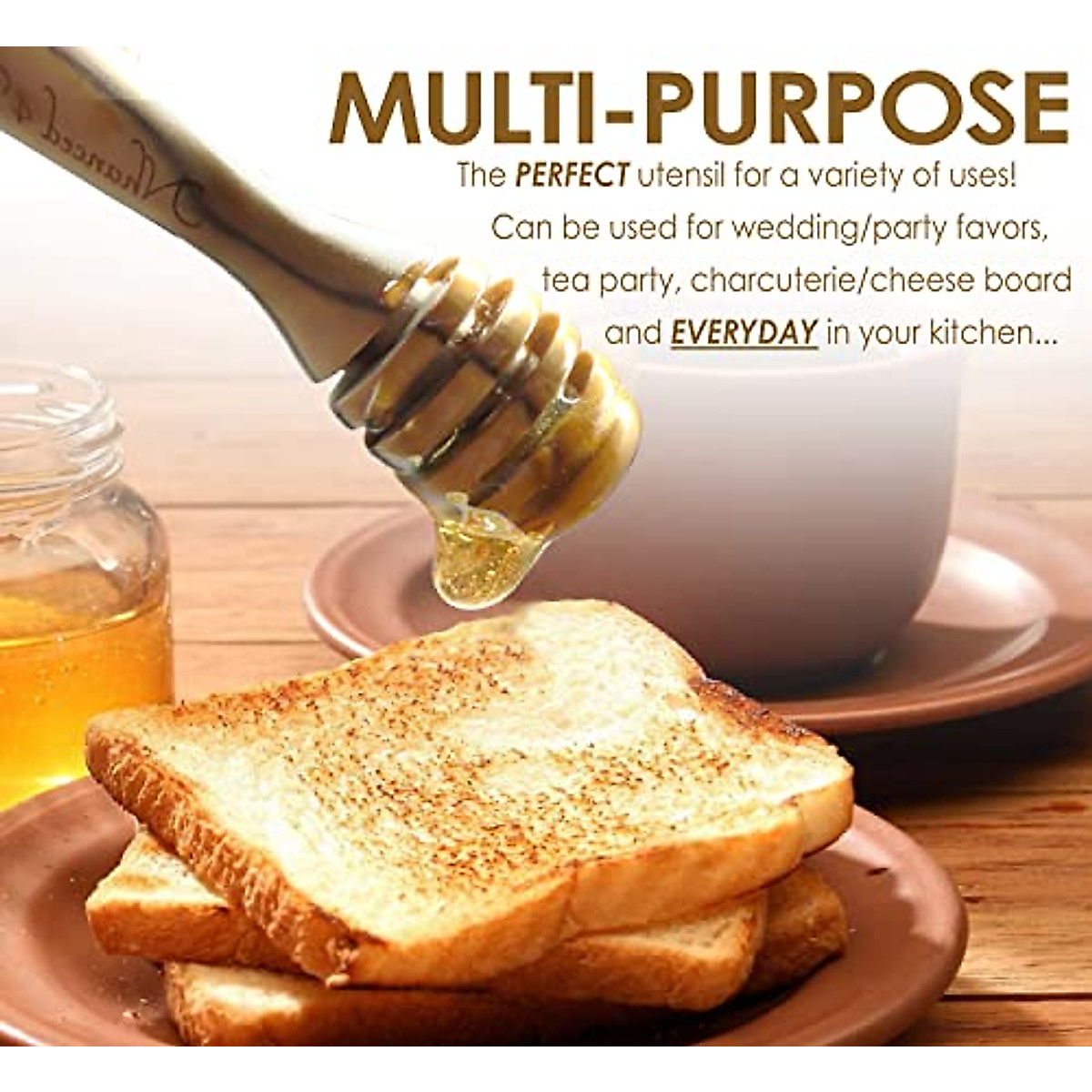 Olive Wood Honey Dipper Stick - Set of 3 (5”/7”/9”) & 1 Wooden Spoon, Use Honey Sticks for Tea & as Honey Server, Honey Dripper, Honey Spoon, Honey Drizzler, Honey Stirrers for Tea