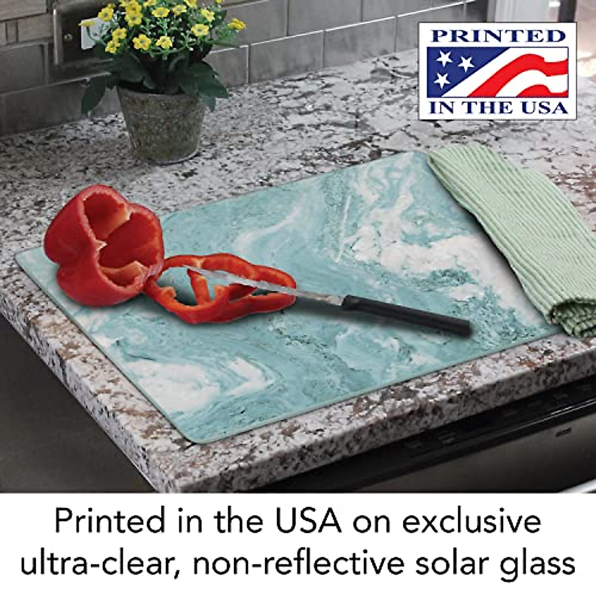 CounterArt Teal Quartz Design 3mm Heat Tolerant Tempered Glass Cutting Board 15” x 12” Manufactured in the USA Dishwasher Safe