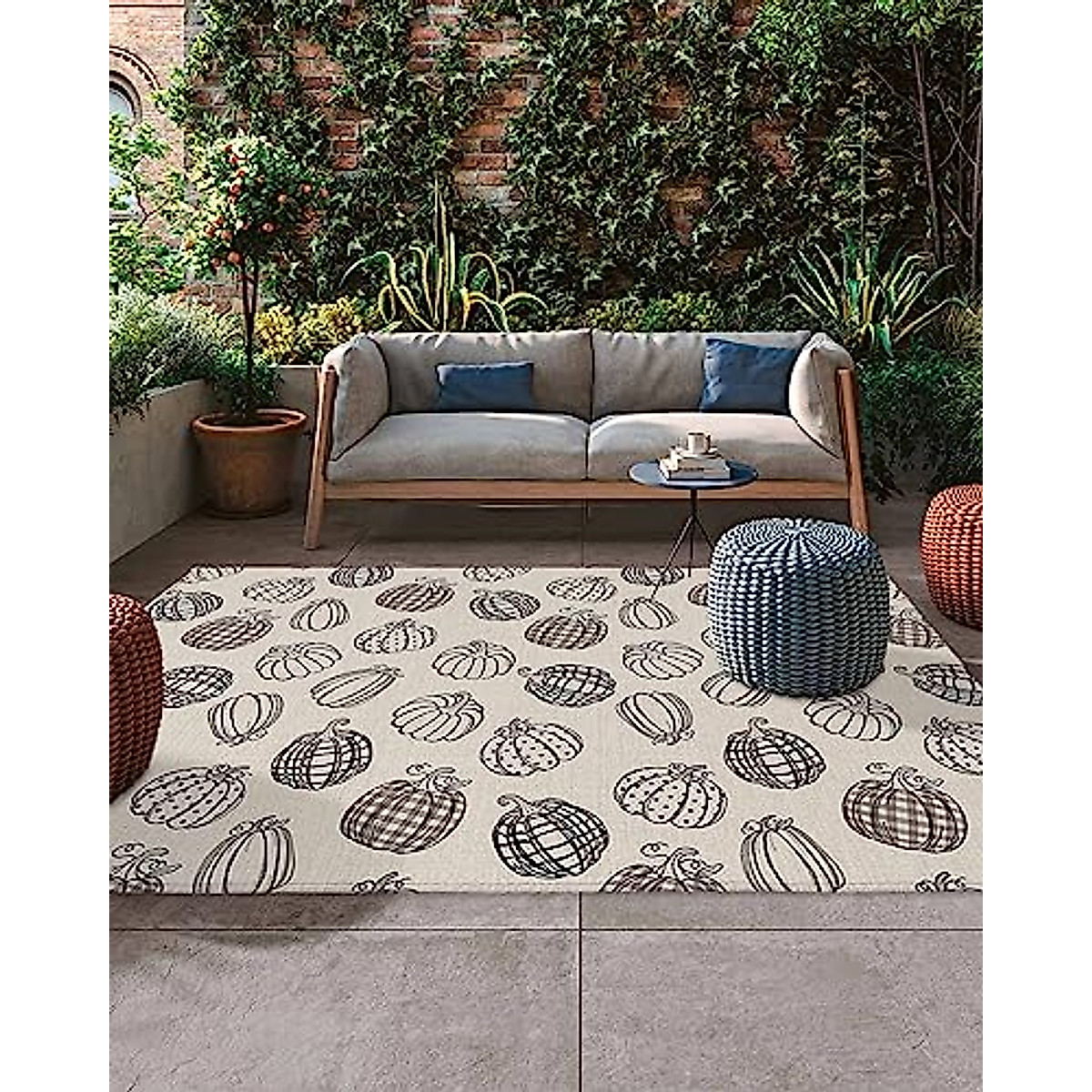 Thanksgiving Fall Outdoor Rug for Patio/Deck/Porch, Non-Slip Large Area Rug 6 x 9 Ft, Autumn Pumpkin Rustic Burlap Indoor Outdoor Rugs Washable Area Rugs, Reversible Camping Rug Carpet Runner