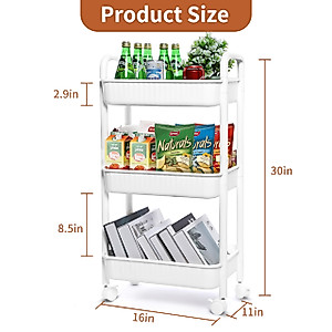 YSSOA Rolling Storage Cart, 3 Tier Slim Mobile Shelving Unit 360° Rotating Wheel Lockable Utility Cart, Ideal for Office, Kitchen, Bathroom, Laundry and Narrow Spaces, White