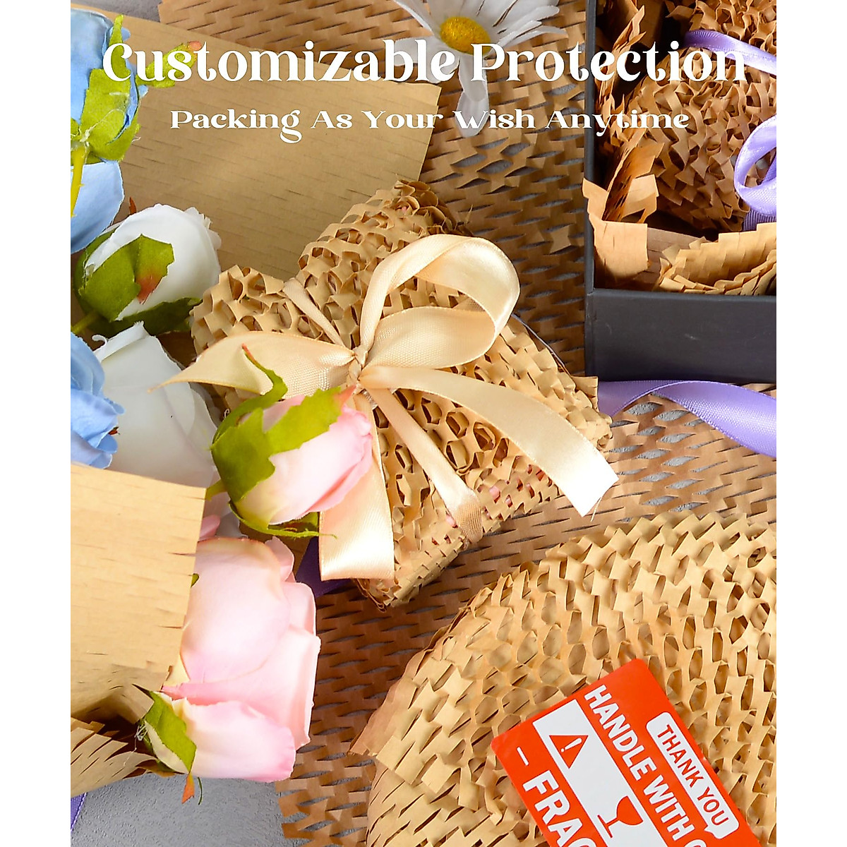 15”x400’Honeycomb Packing Paper,100% Recyclable Honeycomb Cushioning Wrap Roll for Safe Moving Shipping Packaging with 20 Fragile Stickers.