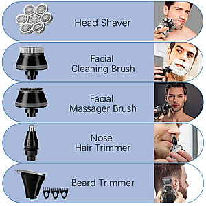 7D Electric Head Shaver for Bald Men, 5 in 1 Electric Rotary Razor Wet and Dry, Grooming Cordless Electric Shavers USB Rechargeable Waterproof, 7D Floating Balding Trimmer with LED Display (Black)