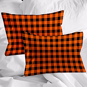 Orange Black Plaid Duvet Cover Sets Farmhouse Buffalo Check Bedding Sets 3 Pcs Soft Comforter Cover Set Including 1 Quilt Cover 2 Pillow Cases, Full Size Comforter Cover Set with Zipper Closure