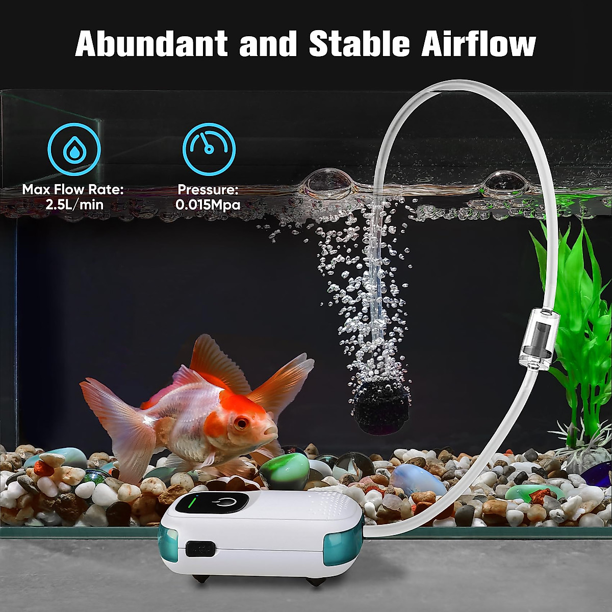KEDSUM Aquarium Air Pump, USB Rechargeable Fish Aerator Pump with Accessories for 0-60 Gallons, Portable Fish Tank Bubbler, Used for Outdoor-Fishing, Power Outages and Emergency