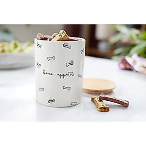 Pearhead Bone Appetite Treat Jar, Ceramic and Wood Pet Treat Canister, Modern Neutral Color Home Kitchen Accessories, Dishwasher Safe, Silicone Seal Lid For Freshness, Dog Biscuit Storage