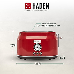 Haden Dorset 2 Slice Wide Slot Stainless Steel Toaster with Adjustable Browning Control & Non-Slip Feet, Rectory Red