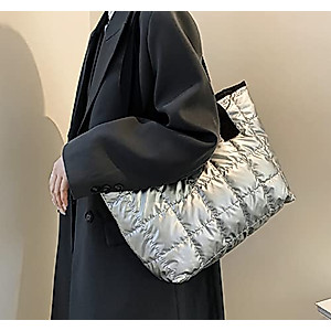Women Light Weight Puffer Quilted Tote Winter Handbag Shoulder Bag (Silver)