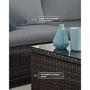 Aiho Outdoor Patio Furniture Sets All Weather Outdoor Sofa PE Garden Furniture Wicker Rattan Patio Conversation Set with Glass Table (Grey)