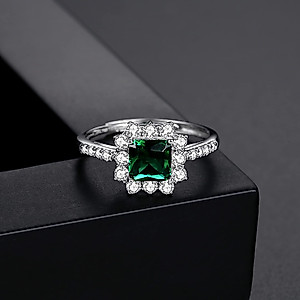 VIKI LYNN 925 Sterling Silver Synthetic Emerald Halo Wedding Engagement Band Ring for Women