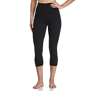 YUNOGA Women's Buttery Soft 21" Inseam Yoga Pants, High Waisted Tummy Control Workout Running Capri Leggings (L, Black)